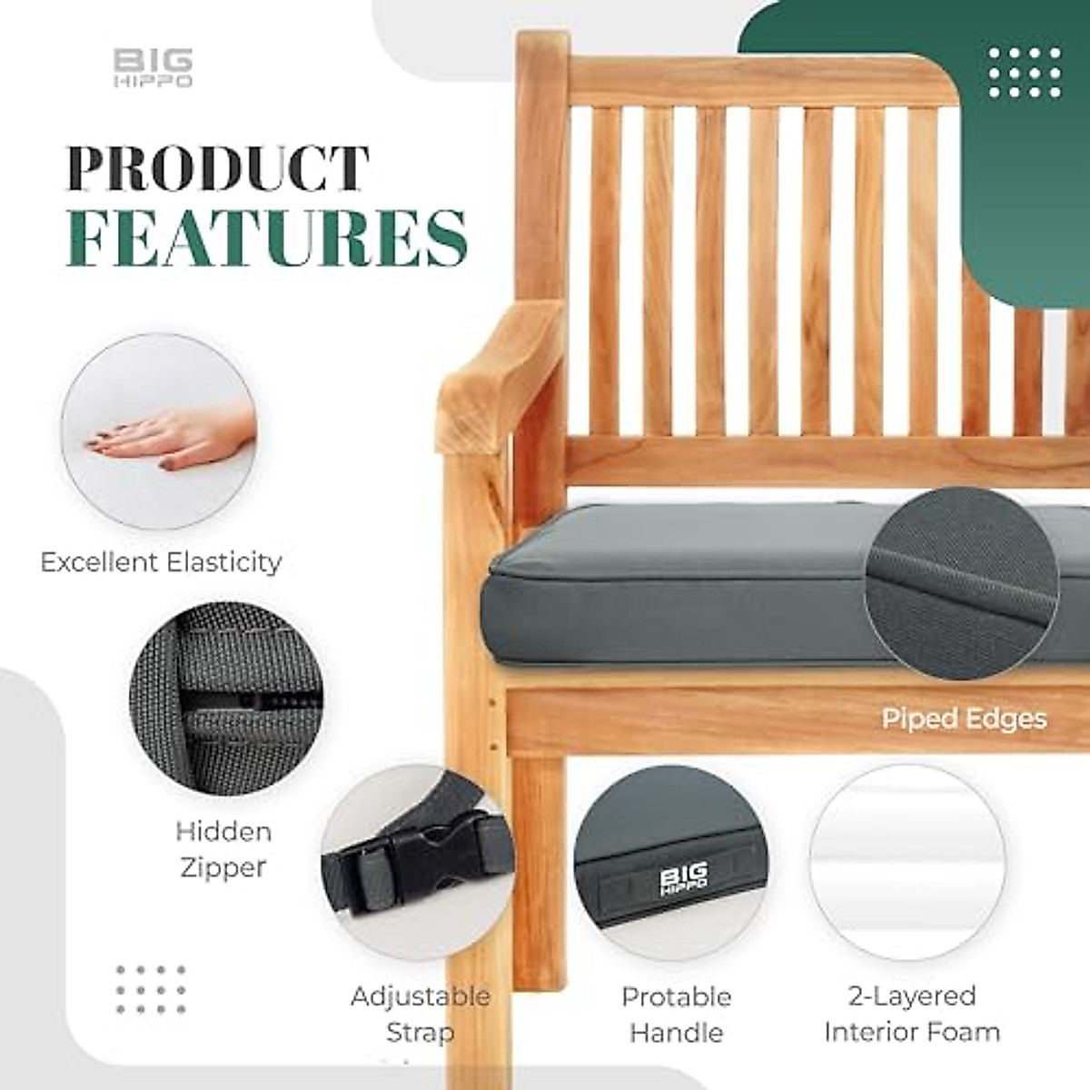 Big Hippo Patio Chair Cushion 16 x 17 Inch Waterproof Outdoor Seat Cushions for Patio Furniture 5-Year Color Fastness Sofa Garden Couch Chair Pads with Handle and Adjustable Straps Set of 2, Gray