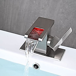 AVSIILE LED Bathroom Sink Faucet, Brushed Nickel Waterfall Single Hole Handle RV Bath Vanity Faucets for Sinks 1 Hole with Metal Pop Up Drain and 2 Water Supply Lines, Side Handle