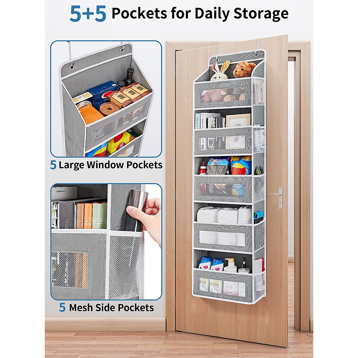 JARLINK Over The Door Organizer Storage, 5 Shelf Hanging Door Organizer with 5 Large Capacity Pockets, Anti Tilt 44 lb Load Behind Door Organizer for Bedroom, Bathroom, Pantry, Nursery, (Grey)