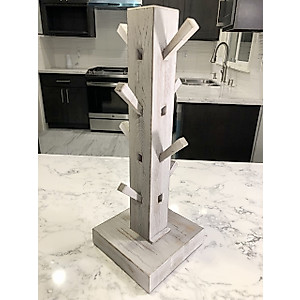 16" Solid Wood Coffee Mug Stand | Coffee Mug Tree | Coffee Mug Rack | Coffee Cup Holder | Adjustable / Removable Hooks | Holds 10 Mugs | Collapsible for Storage | Jewelry / Watch Organization (Gray)