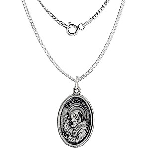 Sterling Silver St Padre Pio Medal Pendant Oxidized finish Oval 7/8 inch