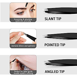 HAIIDOAK Tweezers Set, Professional Stainless Steel Tweezers for Eyebrows, Great Precision for Facial Hair, Splinter and Ingrown Hair Removal (3 Count / 3.8inch, Black)
