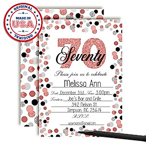 Amanda Creation Confetti Rose Gold Polka Dot 70th Birthday Party Invitations, 20 5x7 Fill-In Cards with Twenty White Envelopes