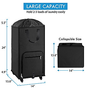 Bukere Laundry Hamper with Wheels, Large Rolling Laundry Basket with 4 Casters and 2 Handles, Collapsible Freestanding Wheeled Laundry Bag for Clothes, Laundry Room, Bathroom Midnight Grey