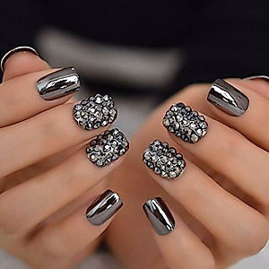 Coolnail Punk Dark Smoky Gray Reflective Mirror Metal Plating False French Nail Tips Punk Metallic Diamond Fake Nails With Glue Sticker