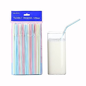 QNCIGER 100 Pcs Flexible Disposable Plastic Drinking Straws, BPA-free bendy straw 0.19" swide,8.26" High, Colorful Striped