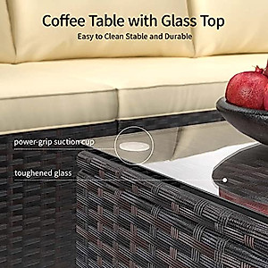 Aiho Outdoor Patio Sectional Furniture Sets All Weather Outdoor Sectional Sofa PE Garden Furniture Wicker Rattan Patio Conversation Set with Glass Table (Beige)