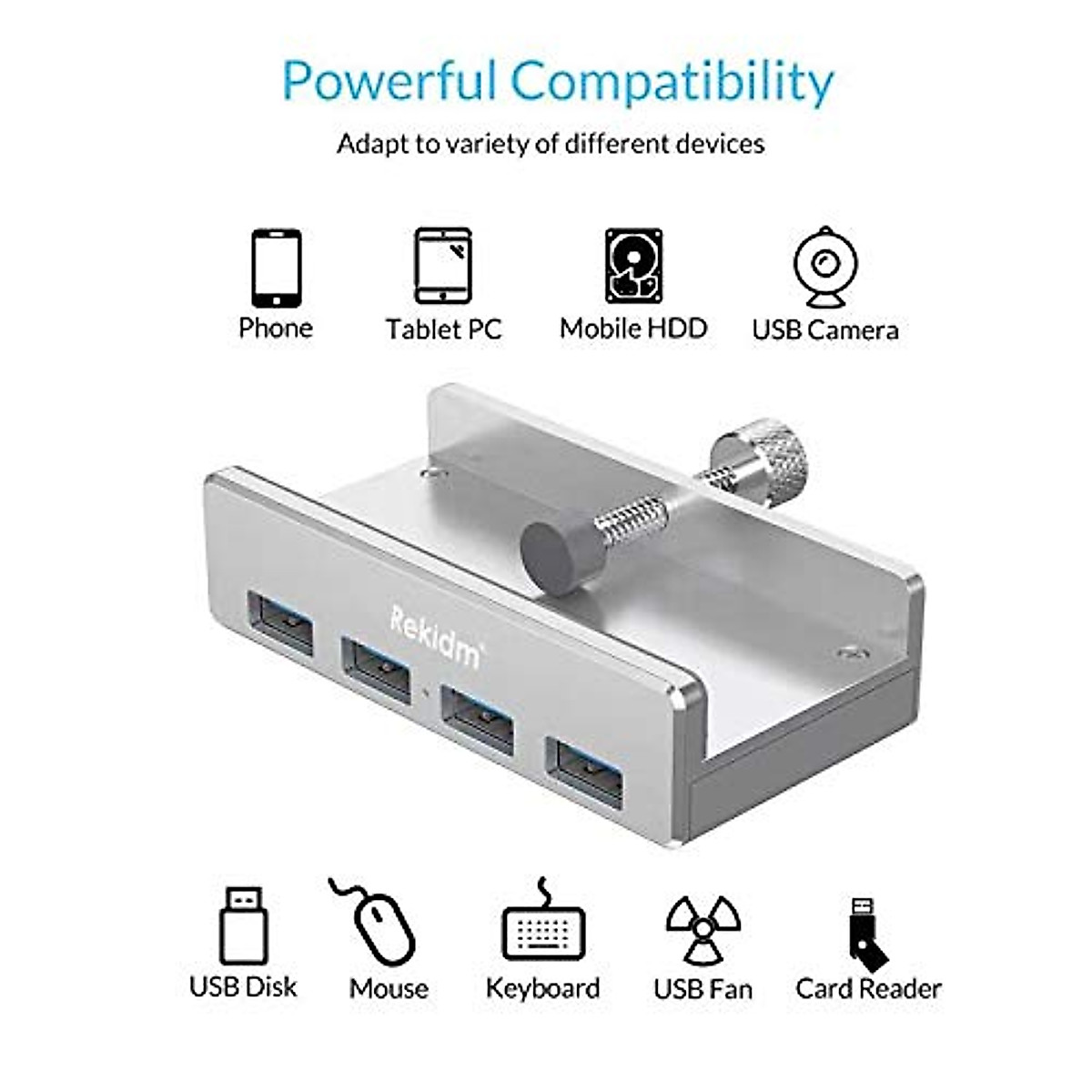 USB Hub 3.0 - Rekidm 4 Port Aluminum Desk USB Hub 3.0 Clamp Design for Desktop, Computer, PC, Table Edge with Durable Adjustable Clip, Space-saving Mountable USB Hub Fast Speed Transfer