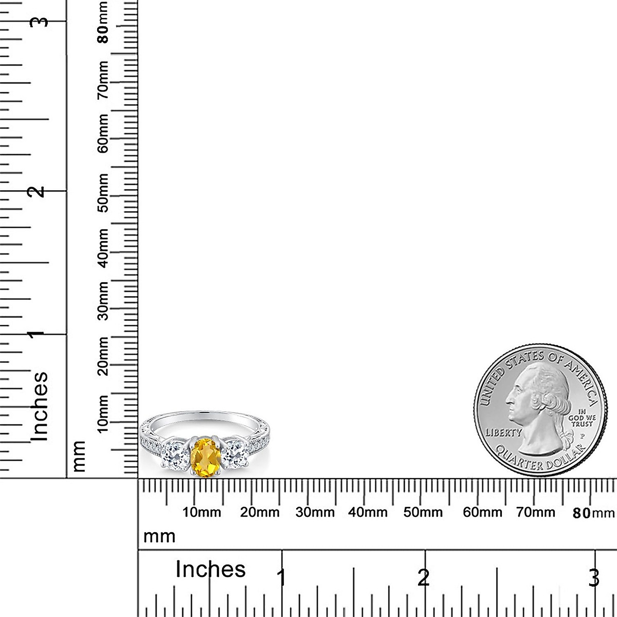 Gem Stone King 925 Sterling Silver Yellow Citrine and White Topaz 3 Stone Ring For Women (1.72 Cttw, Gemstone Birthstone, Available In Size 5, 6, 7, 8, 9)