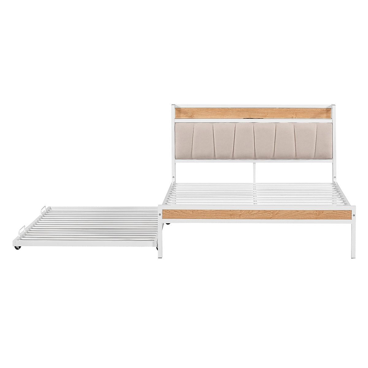 Full Size Platform Bed with Trundle, Metal Full Platform Bed Frame with Upholstered Headboard, Sockets, USB Ports and Slat Support, No Box Spring Needed, White