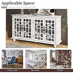 LUMISOL Farmhouse Sideboard Buffet Cabinet with Storage 4 Doors, Kitchen Sideboard Console Table Rustic Style for Living Room Adjustable Shelves Metal Handles, White