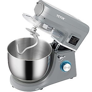 VEVOR 5 IN 1 Stand Mixer, 660W Tilt-Head Multifunctional Electric Mixer with 6 Speeds LCD Screen Timing, 7.4 Qt Stainless Bowl, Dough Hook, Flat Beater, Whisk, Scraper, Meat Grinder, Juice Cup - Gray