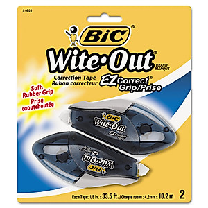 BIC Wite-Out Brand EZ Correct Grip Correction Tape, 19.8 Feet, 2-Count Pack of white Correction Tape, Fast, Clean and Easy to Use Tear-Resistant Tape Office or School Supplies