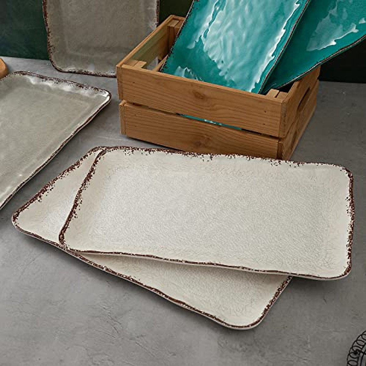 LEHAHA Farmhouse Large Serving Platters, 2 Piece Melamine Dinnerware Set, 17.5 x 10 Inches Vintage Serving Tray, Rectangle White Rustic Trays Set of 2