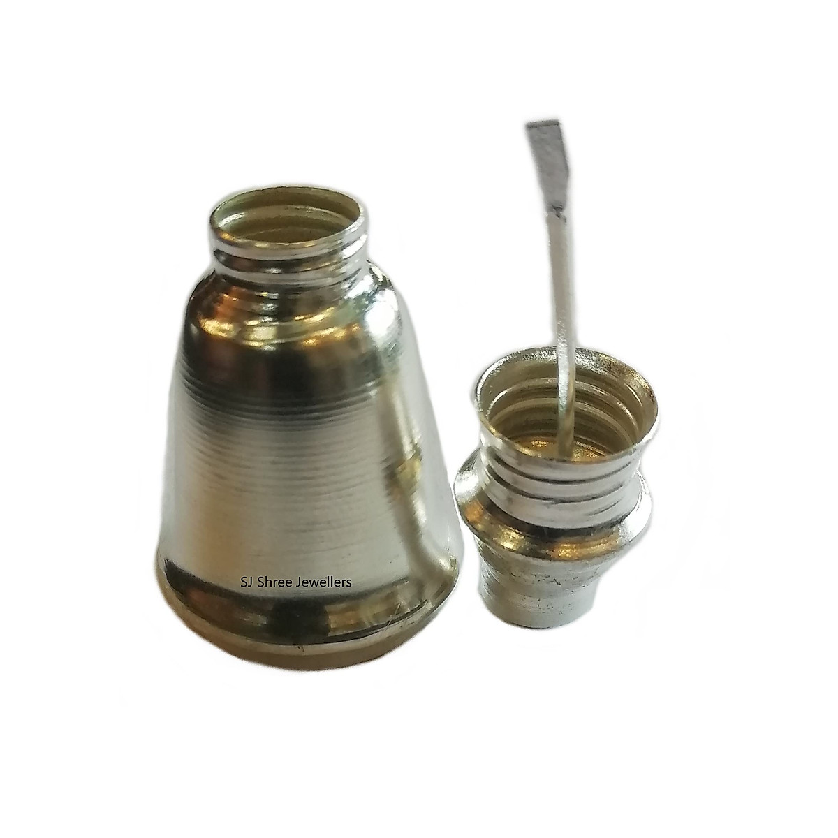 shree jewellers SJ Silver Plated Sindoor Bottle with Stick, Pooja Items for Home, KumKum Round Box Spiritual Gift Item ~ Size 5 x 2.5 cm