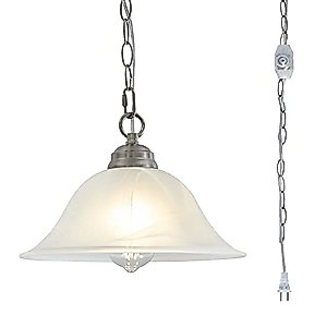 SHENGQINGTOP Plug in Pendant Light Alabaster Glass Shade Hanging Lamp with On/Off Switch,16.4Ft Cord & 14.7Ft Chain Dimmable Brushed Nickel Swag Light Fixture for Kitchen Sink Bar Nook Farmhouse