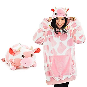 Plushible Wearable Blanket - Blanket Hoodie for Teens & Women - Oversized Hooded Animal Blankets - Cozy & Comfy Front Pocket & Long Sleeves - Strawberry Cow Hood - Valentines Day Gifts