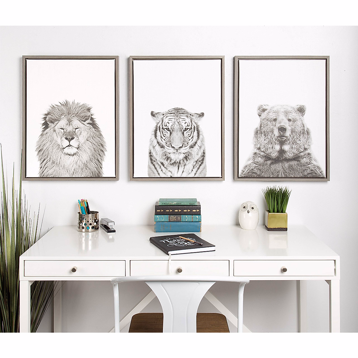 Kate and Laurel Sylvie Bear Animal Print Black and White Portrait Framed Canvas Wall Art by Simon Te Tai, 18x24 Gray