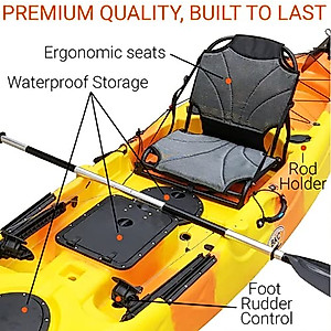 BKC UH-RA220 11.5 Foot Angler Sit On Top Fishing Kayak with Paddles and Upright Chair and Rudder System Included (Yellow Orange)