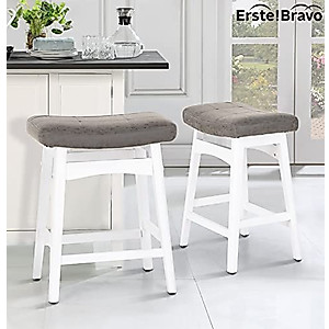 Erste!Bravo White Solid Wood Bar Stools Set of 2 for Kitchen Counter Height Barstools with Faux Leather Saddle Seat Farmhouse Upholstered Stools for 34"-38" Counter Island, Grey Cushion & White Legs