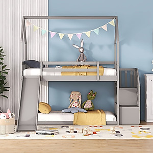 Bellemave House Bunk Beds with Stairs and Slide Low Twin Over Twin Solid Wood Floor Bunk Bed for Kids Girls Boys Teens, Gray