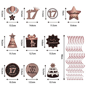 BRT Bearingshui Happy 17th Birthday Party Hanging Swirls Streams Ceiling Decorations, Celebration 17 Foil Hanging Swirls with Cutouts for 17 Years Old Rose Gold Birthday Party Decorations Supplies