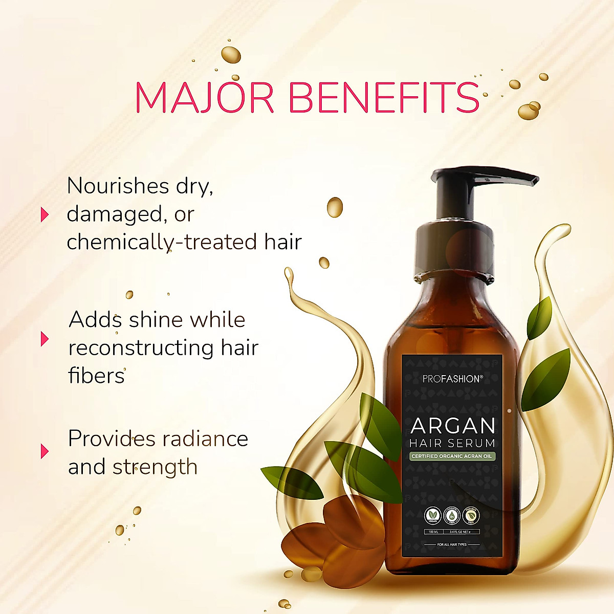 Profashion Argan Oil Hair Serum - Hair Care for Dry Damaged Hair - Smoothing Serum for Hair - Anti Frizz Serum - Renewing Argan Oil Hair Treatment with Hydrolyzed Keratin for Hair Conditioning, 2.4 oz