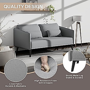 Lonkwa Loveseat Couch Sofa 59", Upholstered Couches for Living Room, Modern Fabric Love Seat, Mid Century 2 Seate Small Sofa with 2 Pillows - Small Space Office Bedroom Apartment, Light Grey
