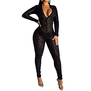 Uni Clau Women See Through Bodycon Jumpsuit - One Piece Deep V Neck Outfits Sheer Mesh Leopard Clubwear Jumpsuit Rompers Black L