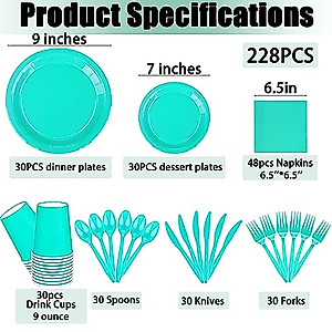 TWOWYHI 228PCS Teal Blue Party Supplies Set Include Paper Plates Cups Teal Blue Napkins Plastic Spoons Forks Knives for 30 Guests Disposable Party Dinnerware for Birthday Wedding Family Picnic