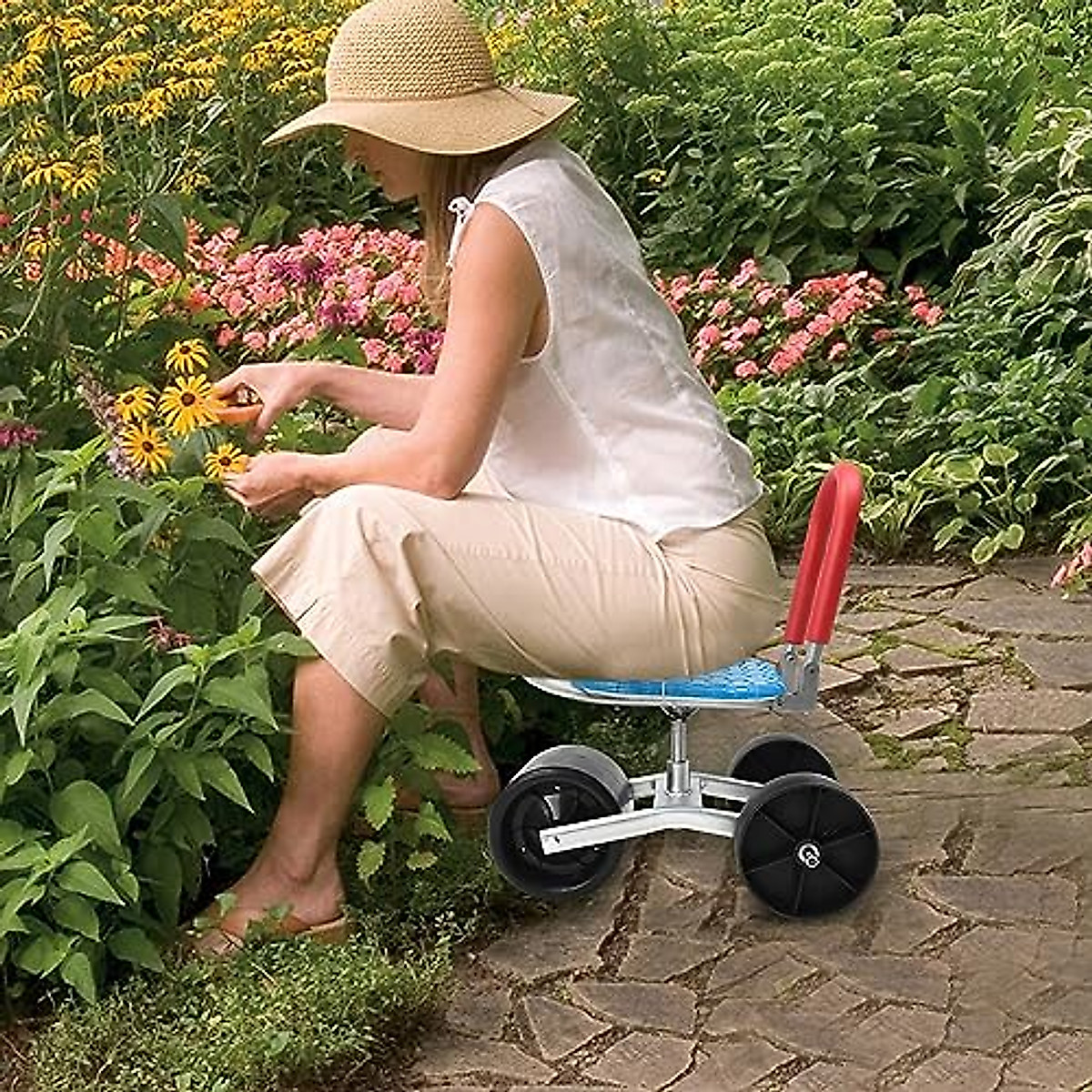 Garden Cart Rolling Stool with Wheels, Garden Cart with Seat and Wheels, Wheeled Garden Cart with Seat, Adjustable 360 Degree Swivel Seat, Stable Workseat Cart Adjustable Seat Height, Gardening Helper