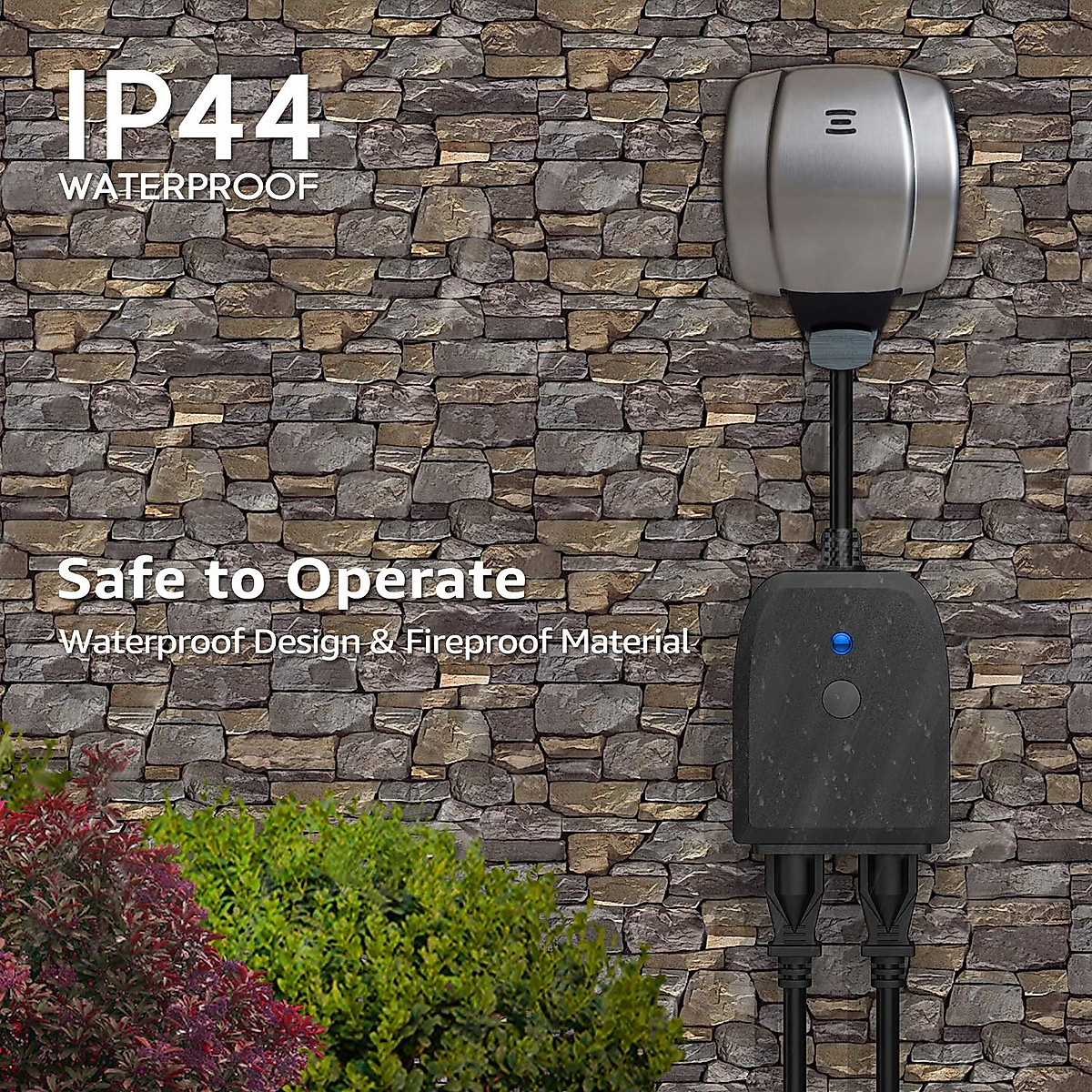 LITEdge Outdoor Smart Plug, WiFi 2-in-1 Plug Power Outlet, Compatible with Google Home & Alexa, APP Cordless Remote Control Smart Outlet Socket, Remote Control, Timer, Waterproof