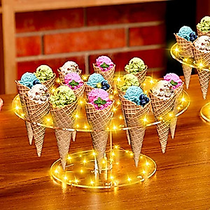 2 Pack LED Ice Cream Cone Holder with Lights 16 Holes Acrylic Ice Cream Cone Display Stand Waffle Cupcake Sugar Cone Cotton Candy Cones Display Rack for Birthday Weddings Parties Anniversaries
