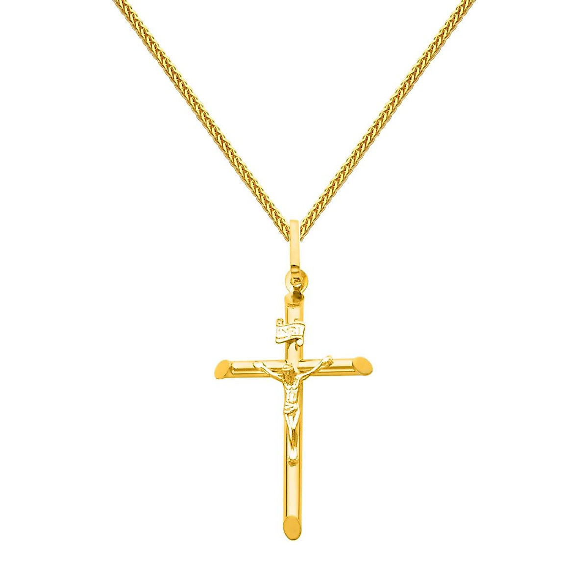 The World Jewelry Center 14k REAL Yellow Gold Crucifix Cross Pendant with 1mm Braided Square Wheat Chain Necklace - 18"