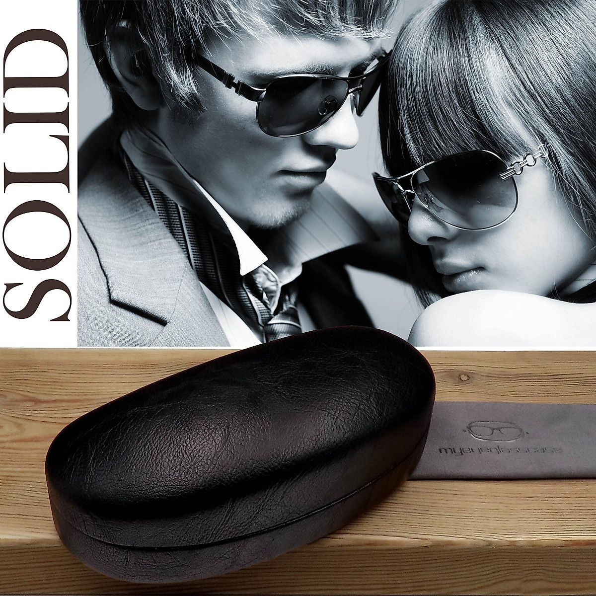 Black Hard sunglasses cases - Glasses Holder Clam Shell - Large eyeglass cases with pouch and cloth distressed Black (AS113 Black and Pouch)