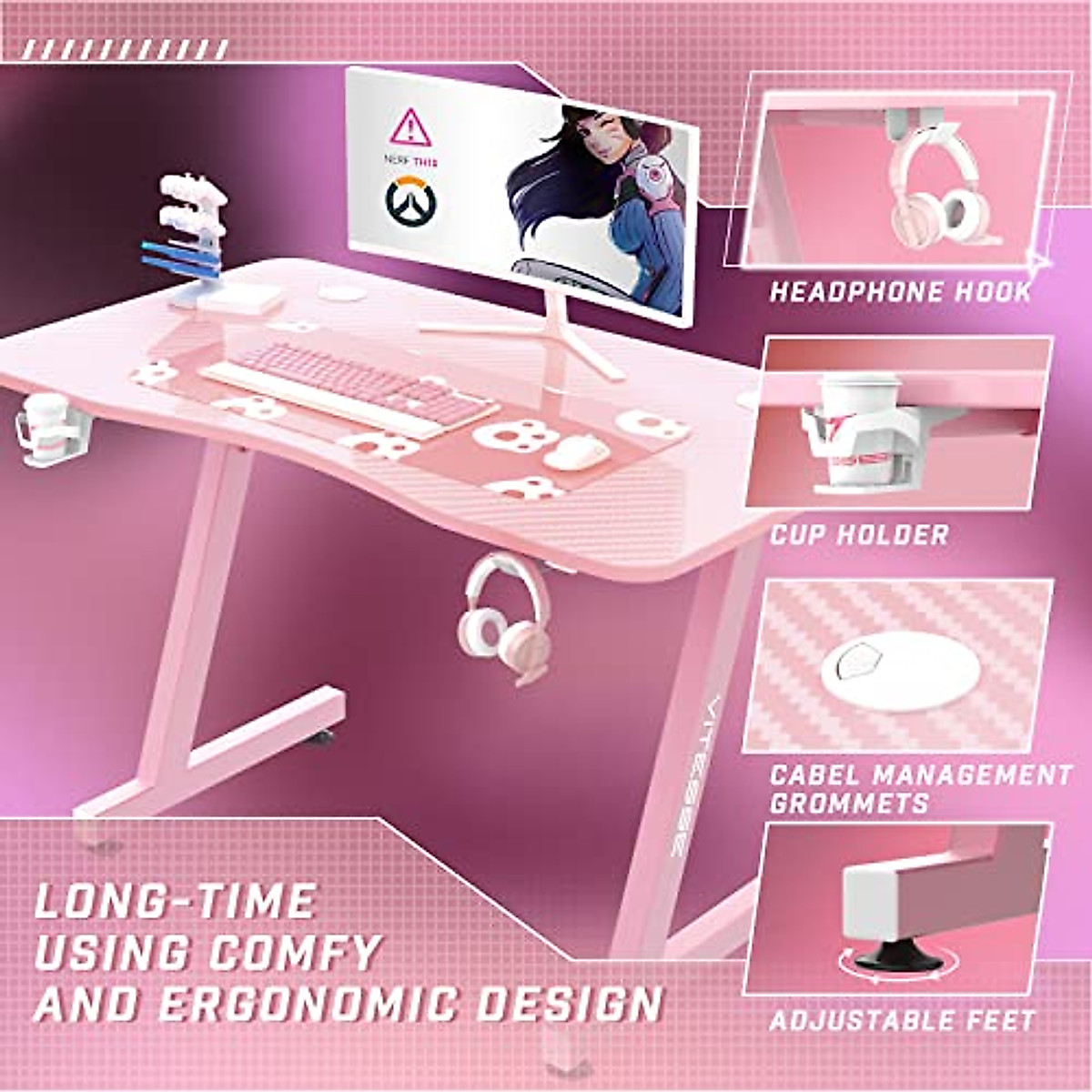 Vitesse 40 Inch Pink Gaming Desk,Pink desk,Pink Gaming Table,Cute Kawaii Computer Desk Z Shaped Girl Gamer Desk Workstation Home Office Desk with Carbon Fiber Surface and Headphone Hook (Z Shape Leg)