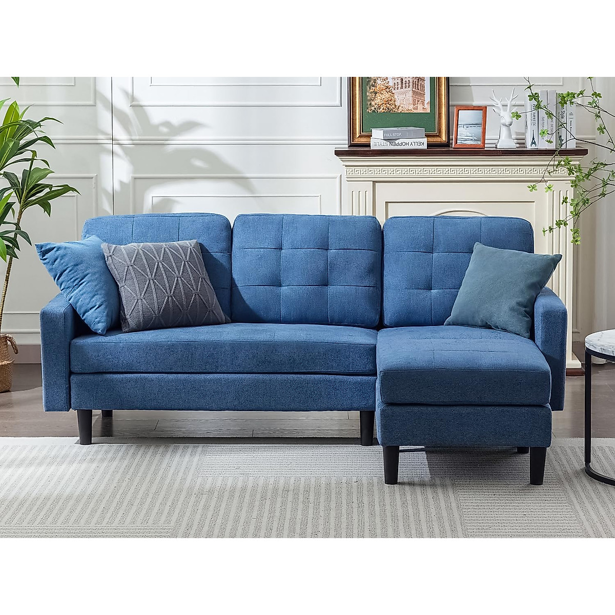 VECELO Convertible Sectional Sofa, Modern Linen Fabric L-Shaped Couch with Reversible Chaise for Living Room/Apartment/Office, Blue