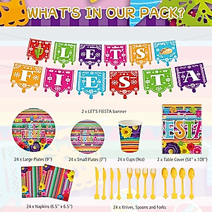 172 Pcs Mexican Themed Fiesta Party Supplies Set Serves 24, Include Fiesta Tablecloth, Let's Fiesta Banner, Mexican Plates and Napkins Tableware Set for Cinco De Mayo Mexican Taco Fiesta Party Decor