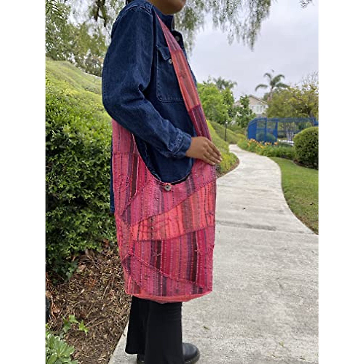 Pink Embroidered Peace and Sunrise Sling Crossbody Purse Boho Handbag Large