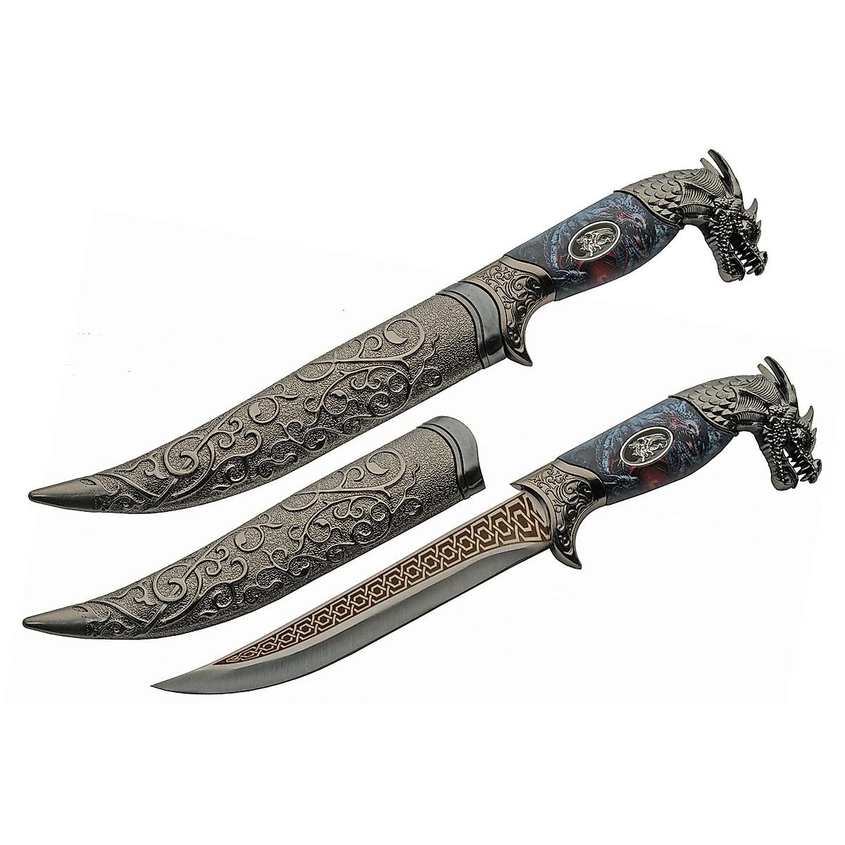 11" Roaring Dragon Stainless Steel Blade Metal Decorative Handle Edc Fantasy Hunting Knife