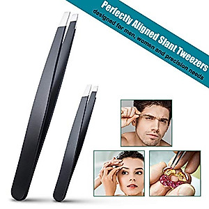 Lepinko 2PCS Slant Tweezers, Classic and Mini Size, Stainless Steel, Precision Eyebrow Plucker for Facial Hair, Ingrown Hair, Splinter Removal and Precise Needs, for Men and Women