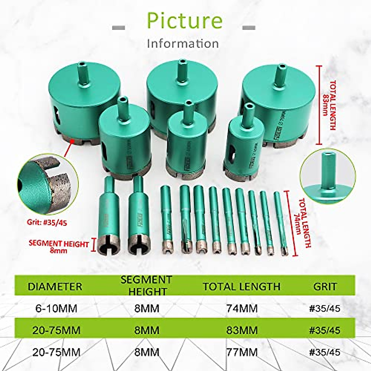 FACHLICH Diamond Core Drill Bits - 1-3/8" Granite Hole Saw 2pcs 35mm Wet Drilling withTriangle Shank for Granite Countertops Marble Concrete Limestone