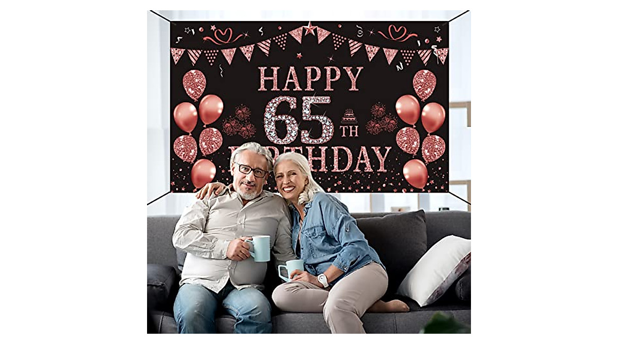 Celebrate Milestone 65th Birthday with Rose Gold Backdrop Banner