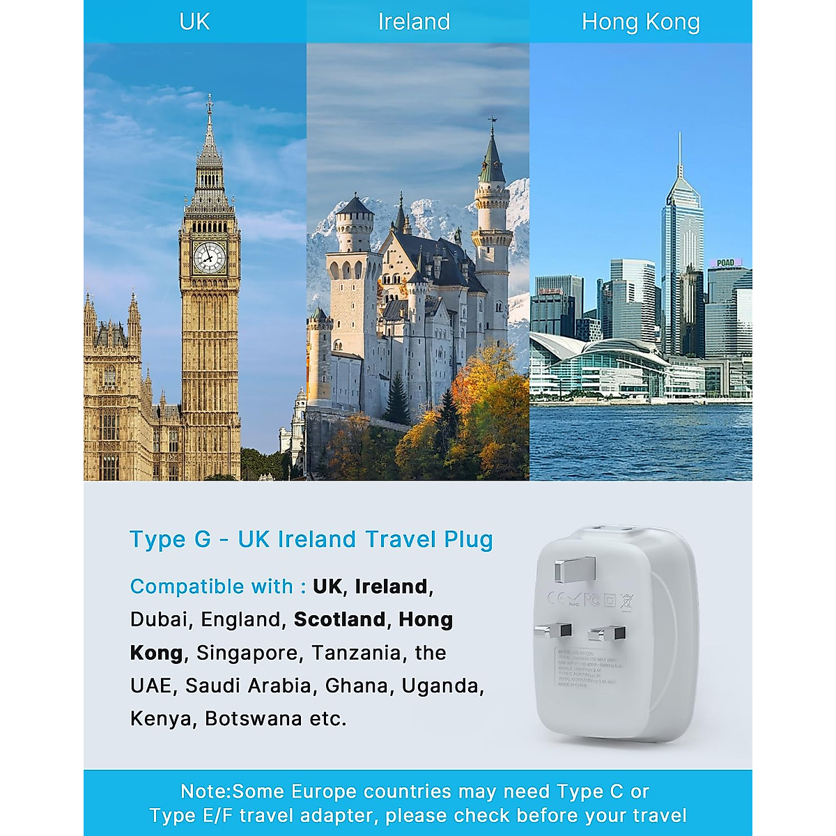 [3-Pack] UK Ireland Travel Plug Adapter, VINTAR International Power Adaptor with 1USB C, 2American Outlets and 3USB Ports, 6 in 1 Type G Plug Adapter