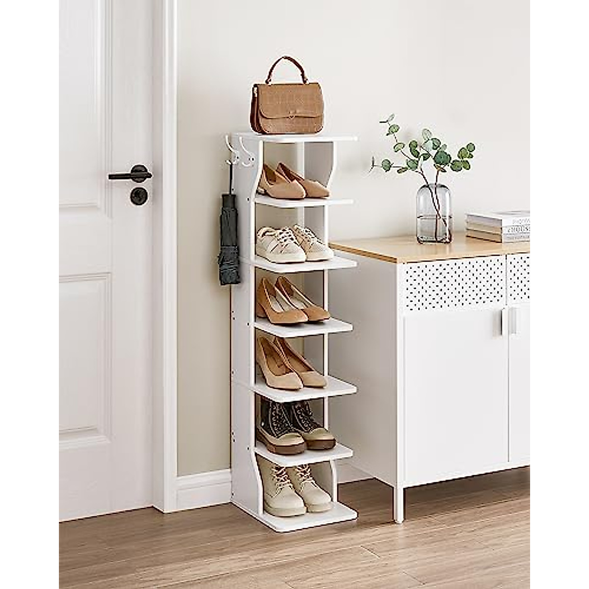 VASAGLE 7 Tier Vertical Shoe Rack, Narrow Shoe Storage Organizer with Hooks, Slim Wooden Corner Shoe Tower Rack, Robust and Durable, Space Saving for Entryway and Bedroom, White ULBS200T14