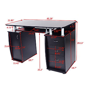 Computer Desk 45" for Home Office Study Writing Table, 15mm MDF Gaming Desk with 1 Cabinet and 3 Drawers (Black)