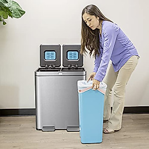 Home Zone Living 16 Gallon Dual Trash Can for Recycling and Trash with CleanAura Odor Control, 60 Liter Total Capacity, Silver