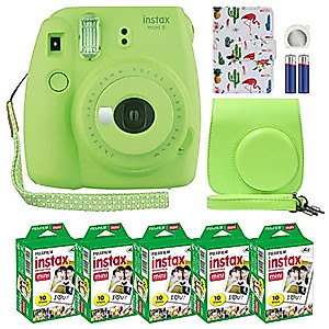 Fuji Instax Mini 9 Instant Camera Lime Green with Custom Case + Fuji Instax Film Value Pack (50 Sheets) Flamingo Designer Photo Album for Photos