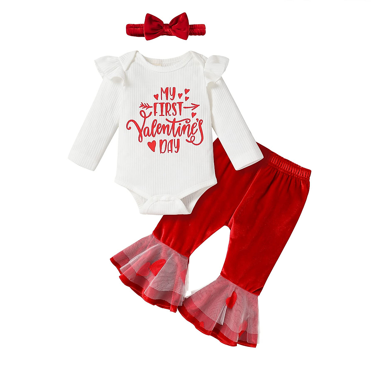 YOUNGER TREE Newborn Baby Girl My First Valentines Day Outfit Long Sleeve Romper and Bell Bottoms with Headband Clothes Set (12-18 Months)