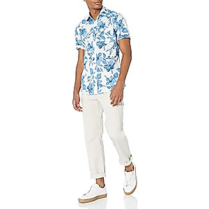 Amazon Essentials Men's Slim-Fit Short-Sleeve Print Shirt, Blue Floral Print, Small